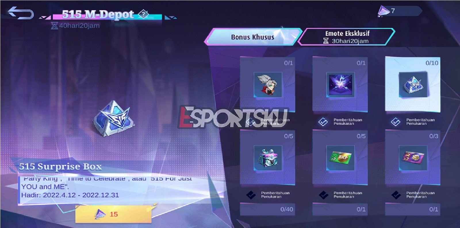 Contents of Prize 515 Surprise Box Mobile Legends (ML) - Esports